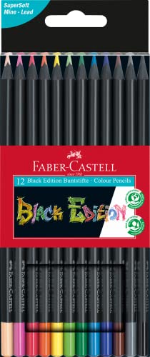Faber-Castell Black Edition Colored Pencils - 12 Neon and Pastel Colors, Black Wood and Soft Core Lead, Premium Art Colored Pencils for Adult Coloring, Kids, Hobby Artists and Beginners