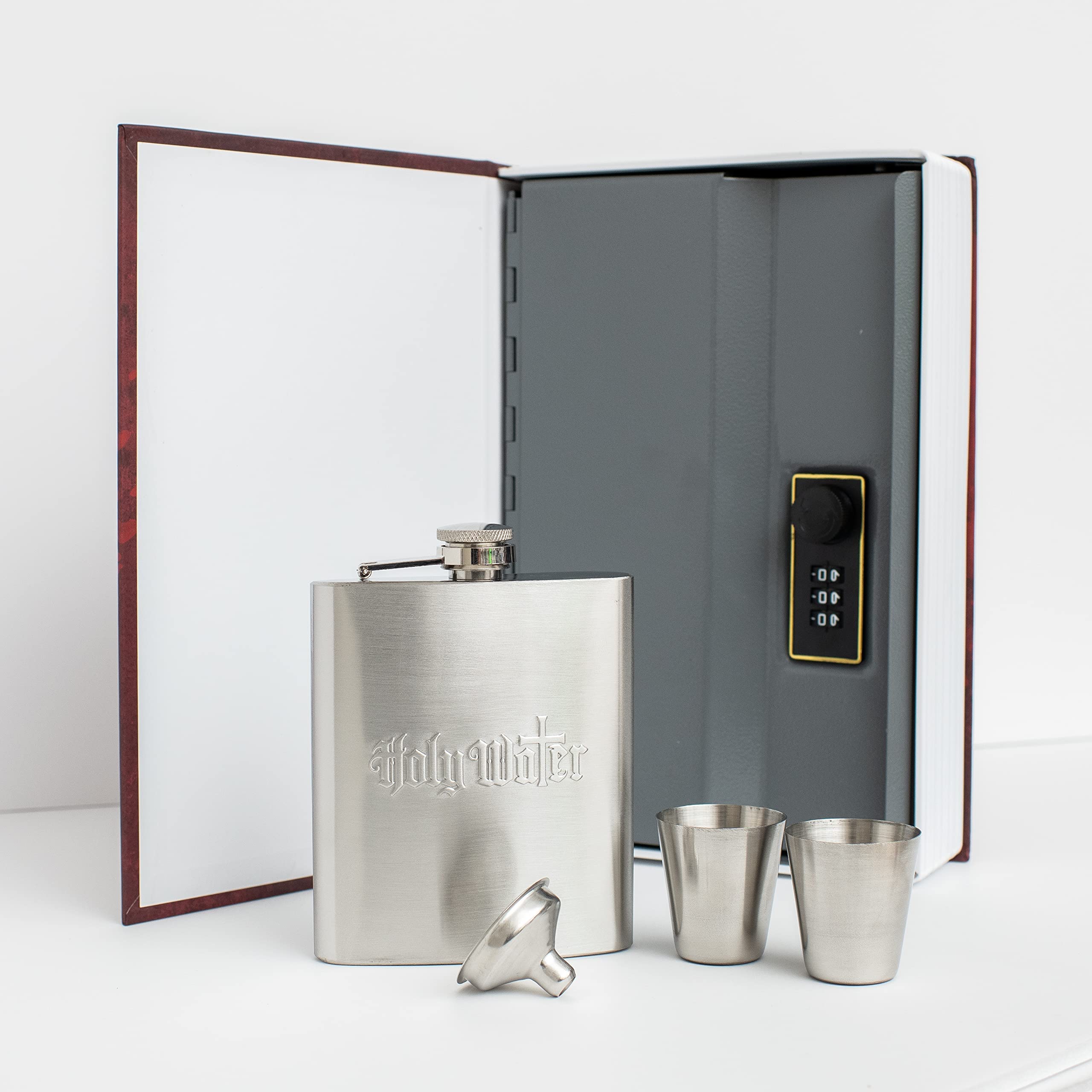 Funderstood Dracula Holy Water Hidden Barware Book Safe, Gothic Secret Liquor Flask with Two Stainless Steel Shot Glasses, Gothic Gift Set, Goth Decor - 2.25β X 6.125β X 9.5β