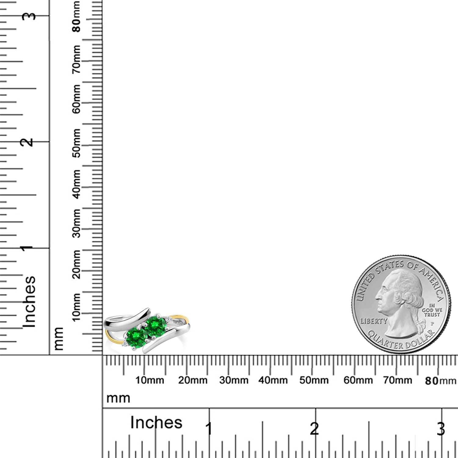 Gem Stone King 925 Sterling Silver and 10K Yellow Gold Green Created Emerald Women Ring (1.70 Cttw, Round 5MM, Available In Size 5, 6, 7, 8, 9)