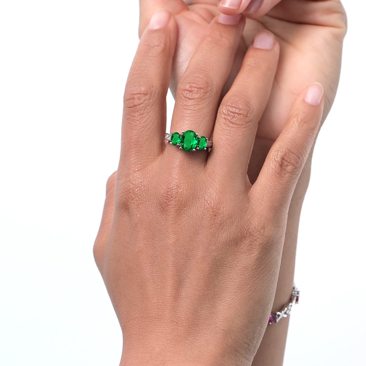 Gem Stone King 925 Sterling Silver Green Nano Emerald 3-Stone Ring For Women (3.10 Cttw, Available in size 5, 6, 7, 8, 9)