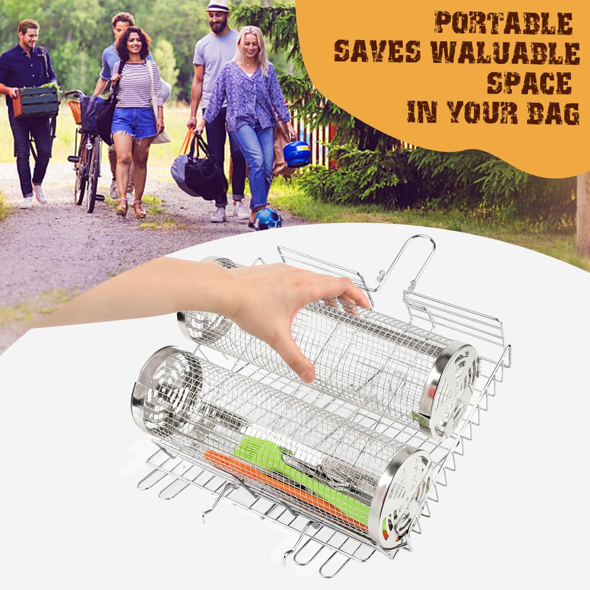 Grill Basket,11pcs Rolling Grill Baskets For Outdoor Grill With Barbeque Grilling Accessories,Stainless Steel Barbecue Folding Grill Basket With Handle,Brush,Portable Bbq Camping For Fish,Shrimp,Vegetables,Birthday Gifts For Men Dad