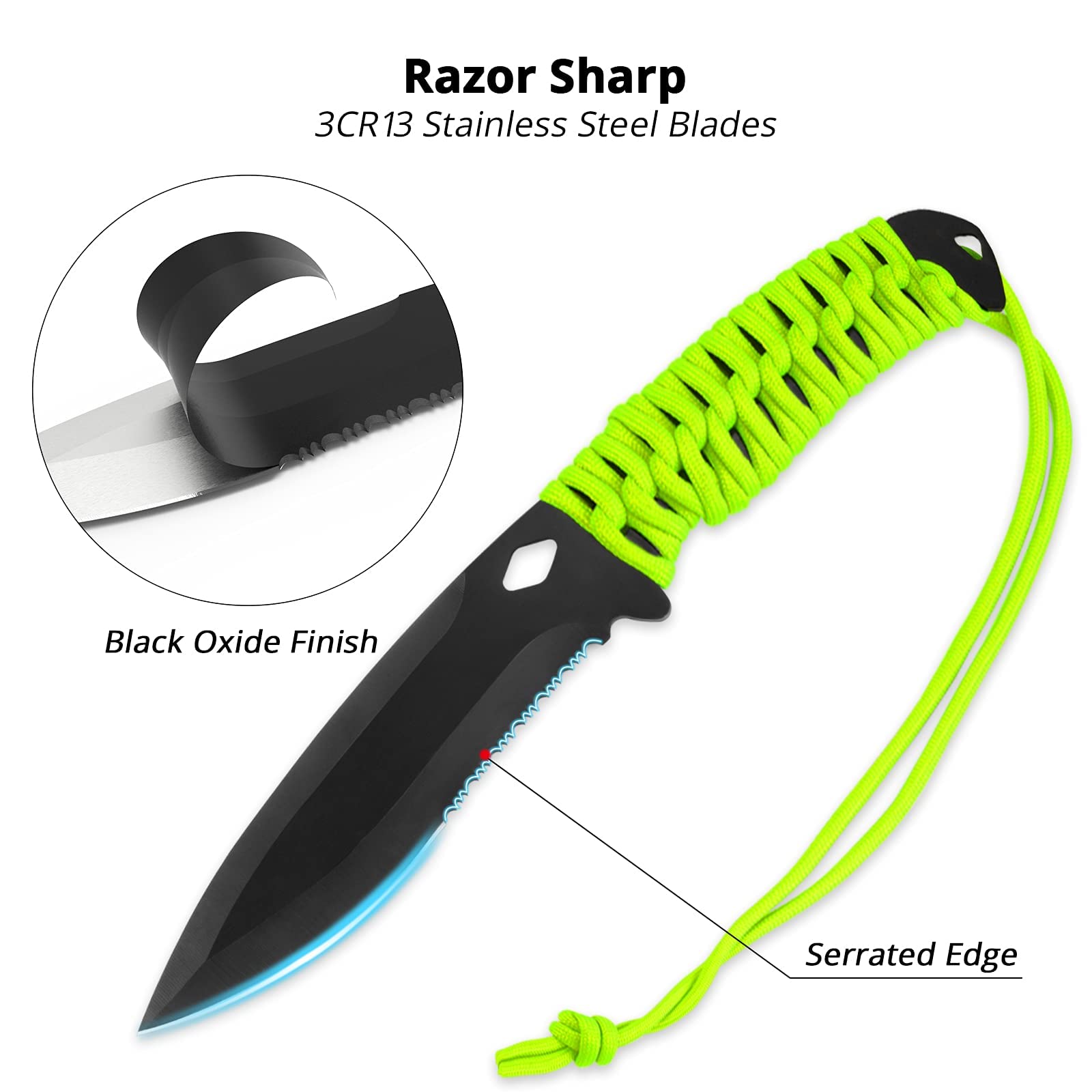 Extremus Bushcraft Survival Hunting Camping Knife with Serrated Edge, Fixed Blade with Cordura Sheath, 750 lb. Rated Paracord Handles, Includes Magnesium Fire Starter/Whistle, 5-Inch