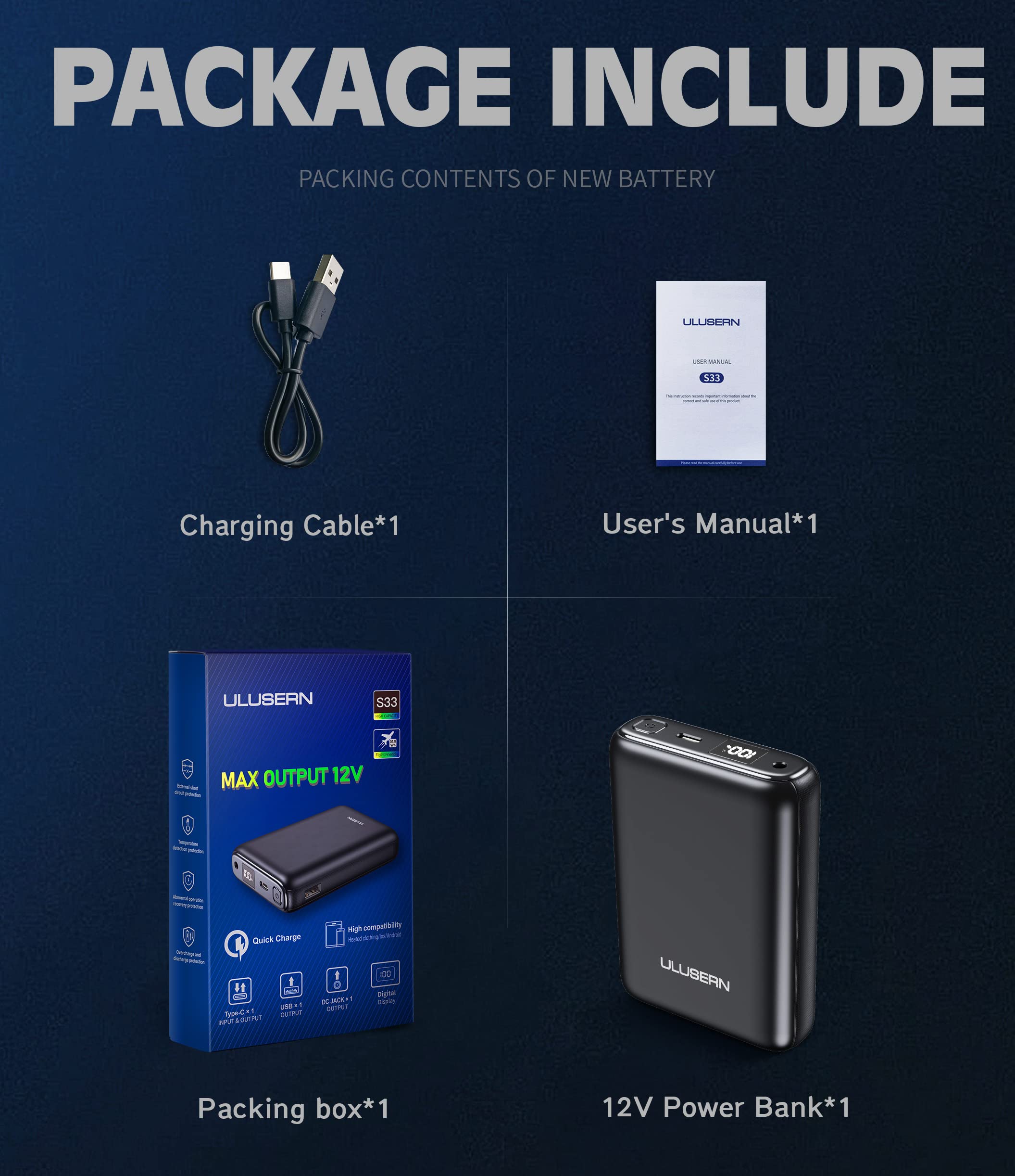 ULUSERN Rechargeable Battery/Power Bank 12v 14400mAh for Heated Jackets, Heated Hoodies and Heated Vests,DC Port Diameter : 4mm