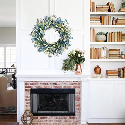 Egolot 24 Inch Summer Spring Blue Ivory Lavender Flower Wreath for Front Door, Rustic and Farmhouse Wild Flowers Wreath for Inside and Outside, Coastal Blue Flower Wreath for Home Decorating