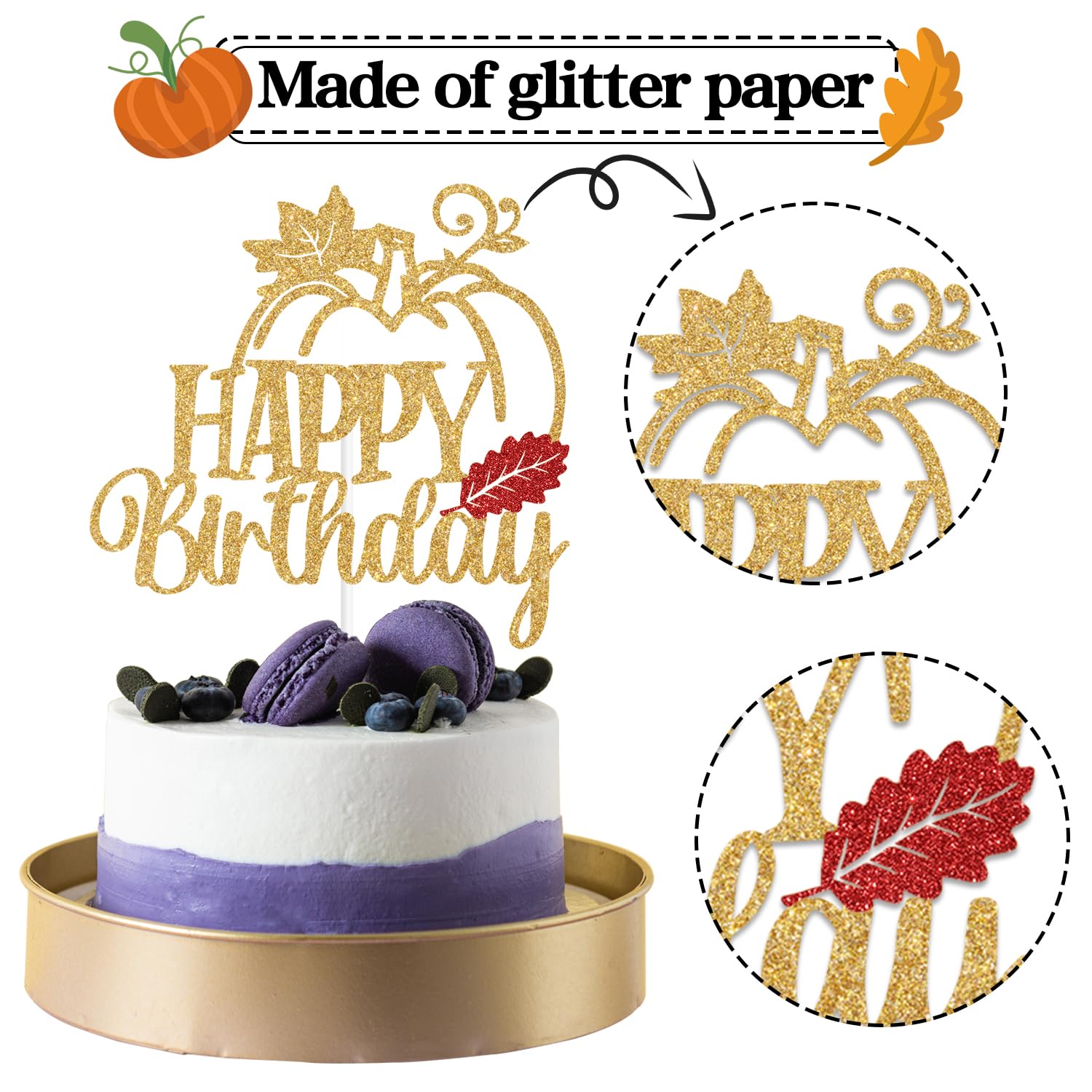 Gold Glitter Pumpkin Happy Birthday Cake Topper, Pumpkin Themed Birthday Party Decorations, Autumn Fall Maple Leaves Birthday Party Decorations Supplies