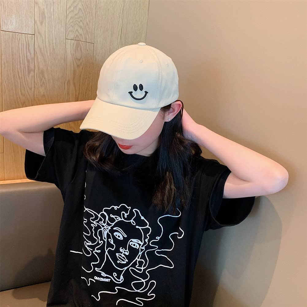GEGEEN DOMOG Smiley Face Hat Trucker Hats Adjustable Smile Baseball Cap Summer Preppy Y2k Hat for Women Men (Embroidery-White)