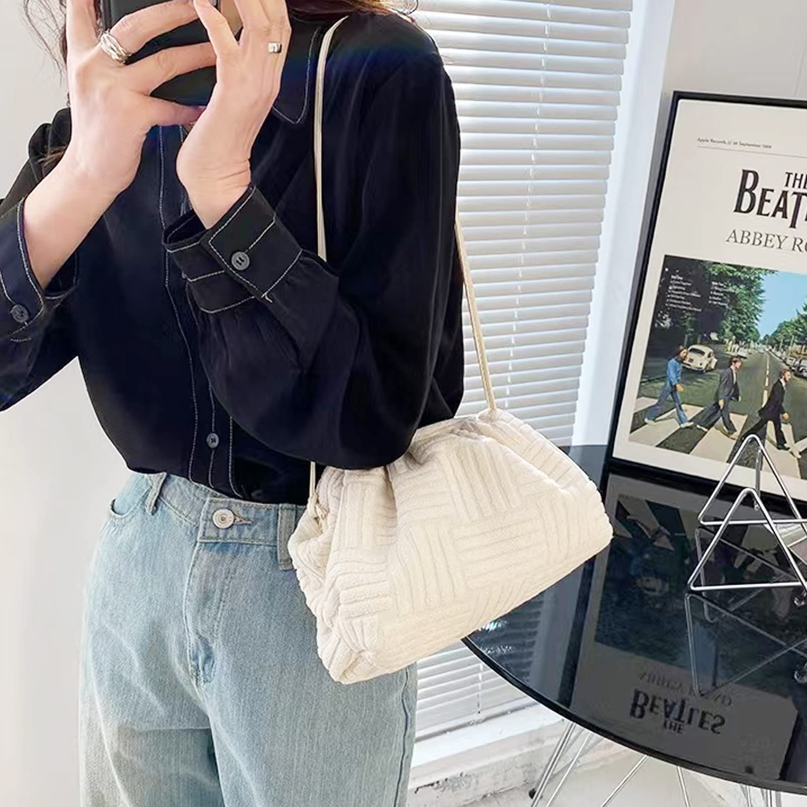 Jacquard Pattern cotton cloud shape dumpling handbag clutch purse for women shoulder hobo bag dupes(White)