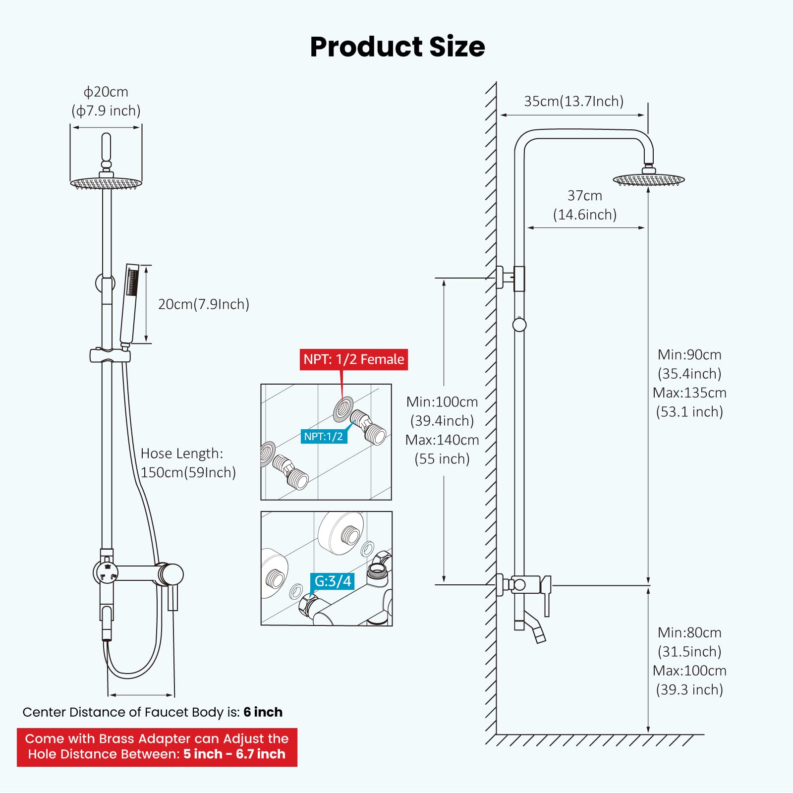 gotonovo Stainless Steel SUS304 Shower Faucet 8 Inch Rainfall Shower Head Cylinder Handle Brushed Nickel Exposed Shower Fixture Wall Mount Shower System With Hand Spray