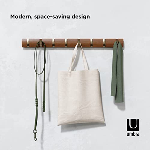 Umbra Flip Wall-Mounted Coat Rack Rail Hook for Hats, Jackets, Bags and More β Modern, Space-Saving Storage Organizer for Entryway, Mudroom, Closet, Bathroom, Bedroom, Kids Room, or Nursery, 8 Hooks, Light Walnut/Gold