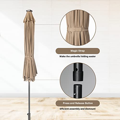 Simple Deluxe 9' Solar Umbrella 32 LED Lighted Patio Umbrella Table Market Umbrella with Push Button Tilt/Crank Outdoor Umbrella for Garden, Deck, Backyard and Pool, Tan
