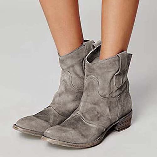 FASDNENDYS Shoes Casual Roman Ankle Retro Comfortable Slip-up Low-Heeled Women's Boots Women's Mid Calf Boots Brown