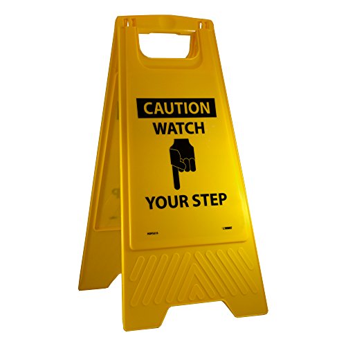 NMC HDFS213 CAUTION-WATCH YOUR STEP Sign with Graphicâ 10.75 in. x 24.63 in. Heavy-Duty Plastic, Double-Sided Floor Sign with Black on Yellow