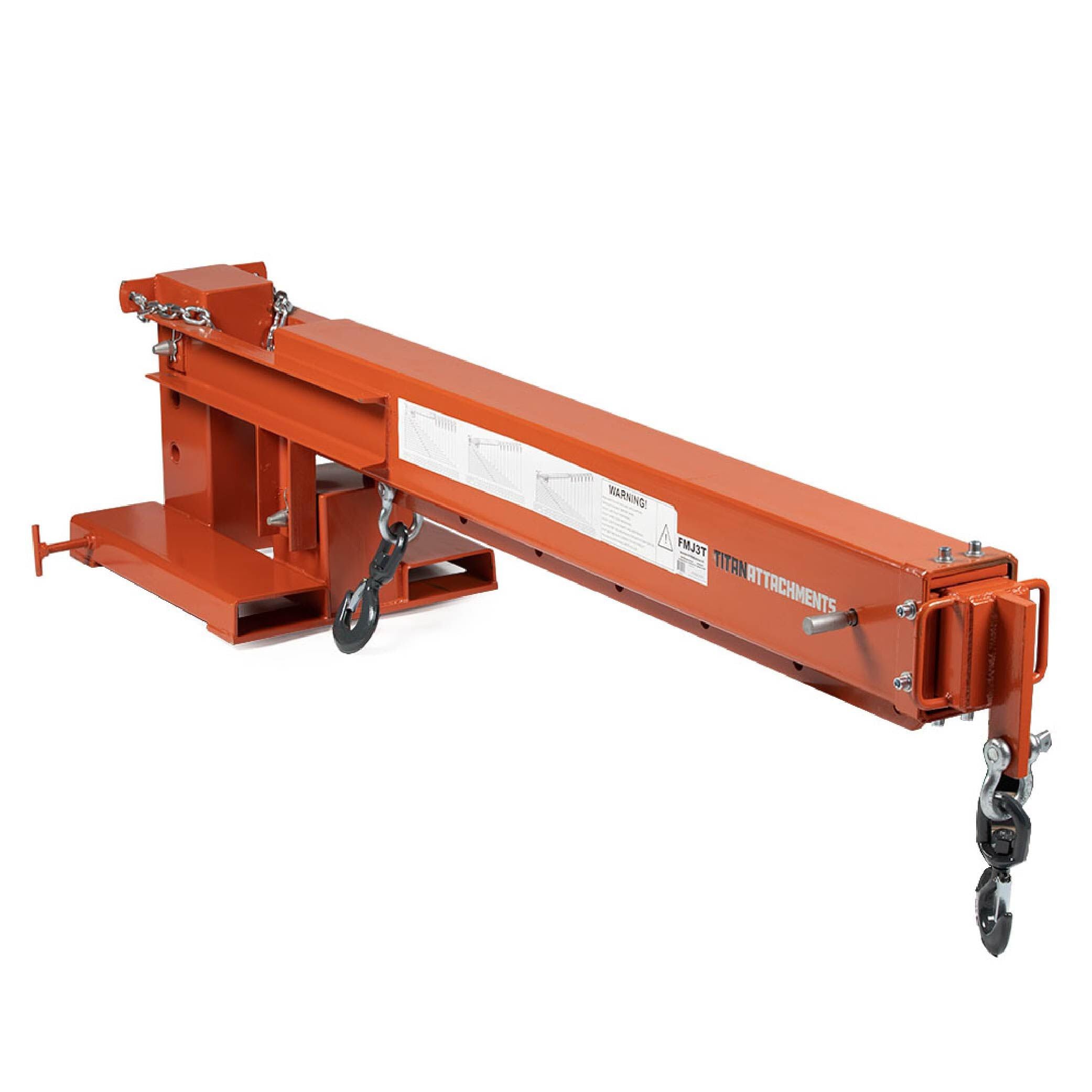 Titan Attachments Fork Mounted Jib Boom Crane Attachment, Manual Telescoping Boom Extends Up to 138â€, Pivots Up to 45 Degrees, 6,000 LB Lift Capacity, Two Swivel Hooks, Adjustable Hook Points