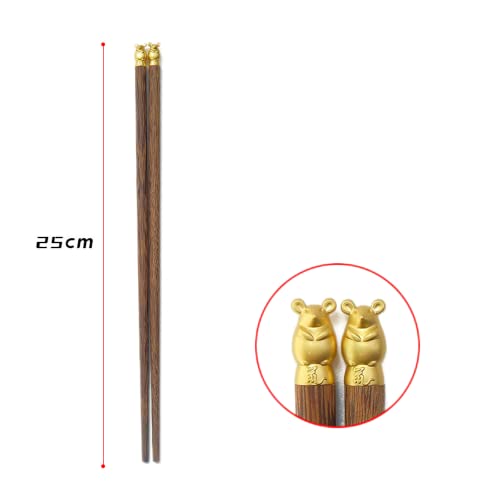 Gixaxak Natural solid wood chopsticks metal gold zodiac Chopsticks Reusable Chopsticks Multipack Dishwasher Safe Chop Sticks Non-slip Holiday gift cartoon cute one person chopsticks (Rat #9)