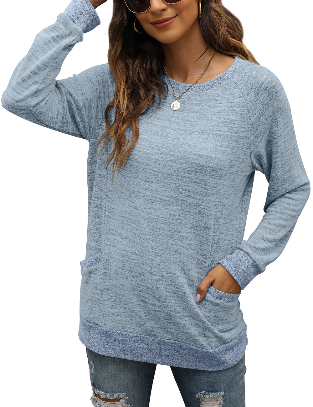 Geifa Womens Sweatshirts Long Sleeve Tee Shirts Loose Casual Sweaters Grey White L Womens Fall Fashion 2023