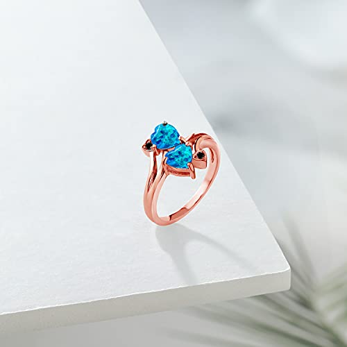 Gem Stone King 1.53 Ct Heart Shape Blue Simulated Opal 18K Rose Gold Plated Silver Black Diamond Ring (Size 7)