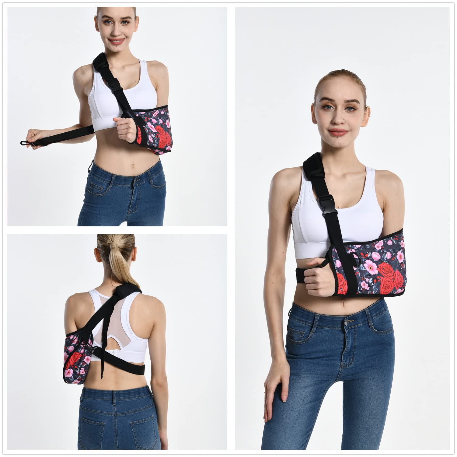 Fotgok Breathable Arm Sling with Waist Belt for Shoulder Women-Shoulder Immobilizer with Strong Support-Breathable Arm Support Brace for Shoulder Injury, Red Rose
