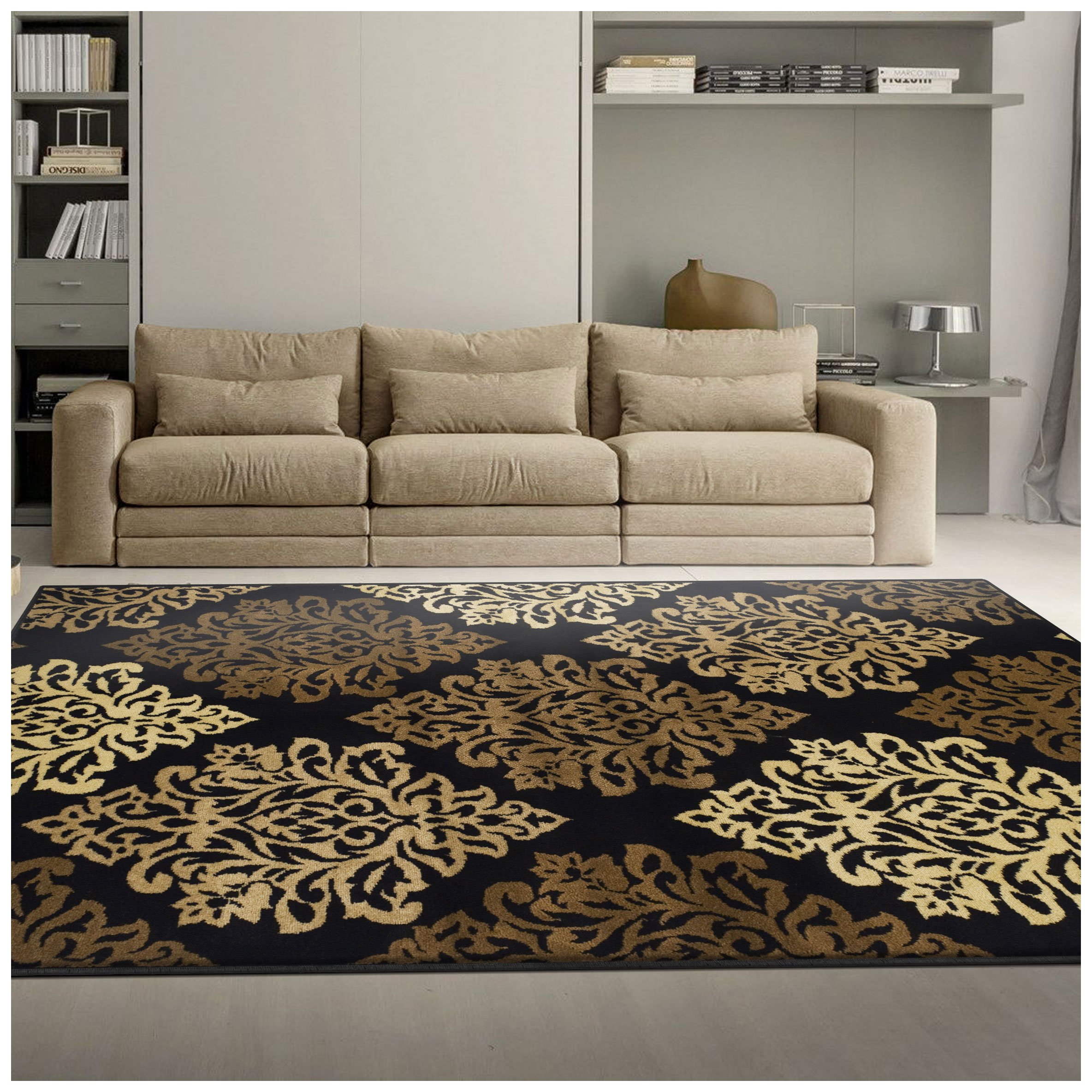 Superior Danvers Collection Area Rug, Modern Elegant Damask Pattern, 10mm Pile with Jute Backing, Affordable Contemporary Rugs - Black, 2' x 3' Rug