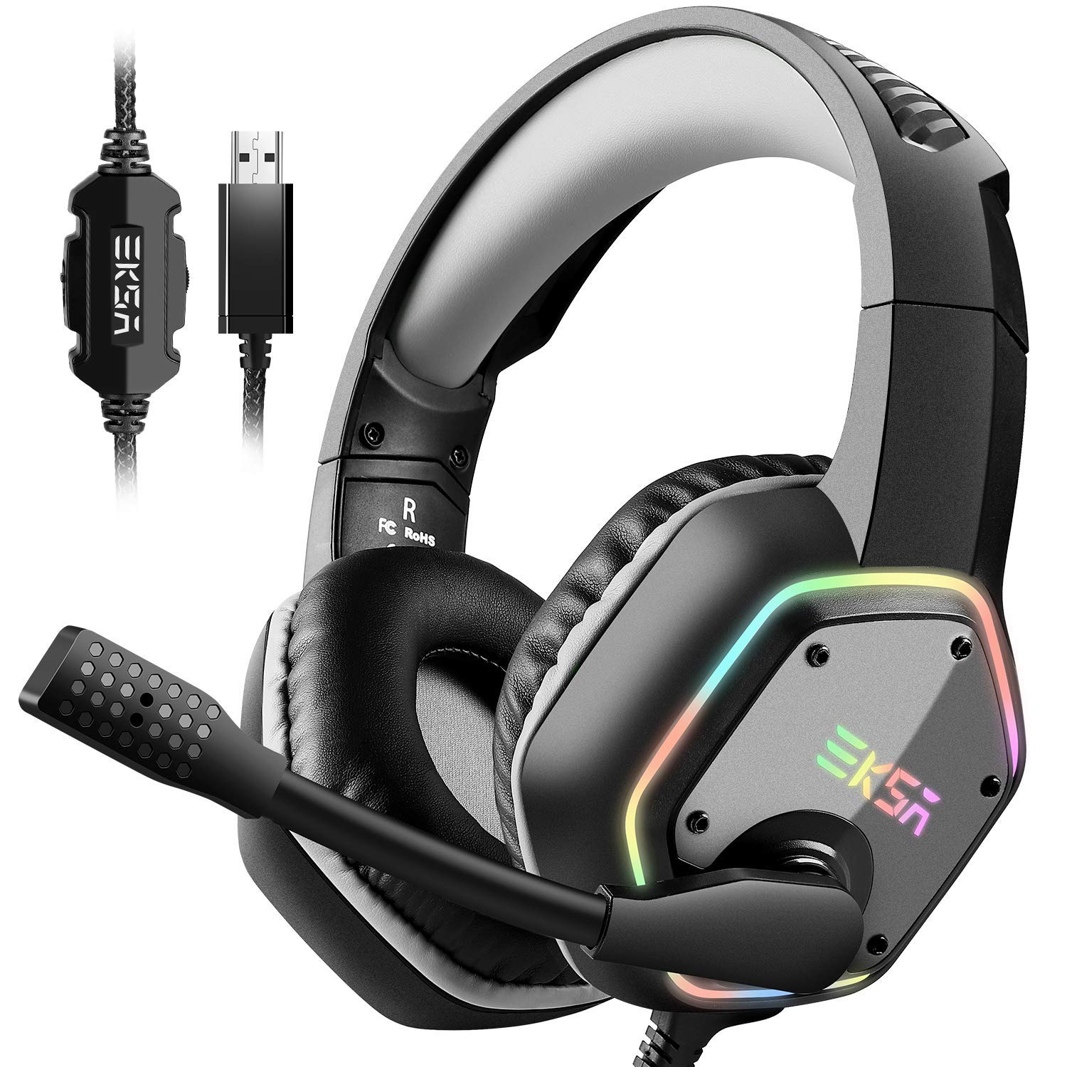 EKSA Gaming Headset with 7.1 Surround Sound Stereo, PS4 USB Headphones with Noise Canceling Mic & RGB Light, Compatible with PC, PS4 Console, Laptop (Gray) (Renewed)