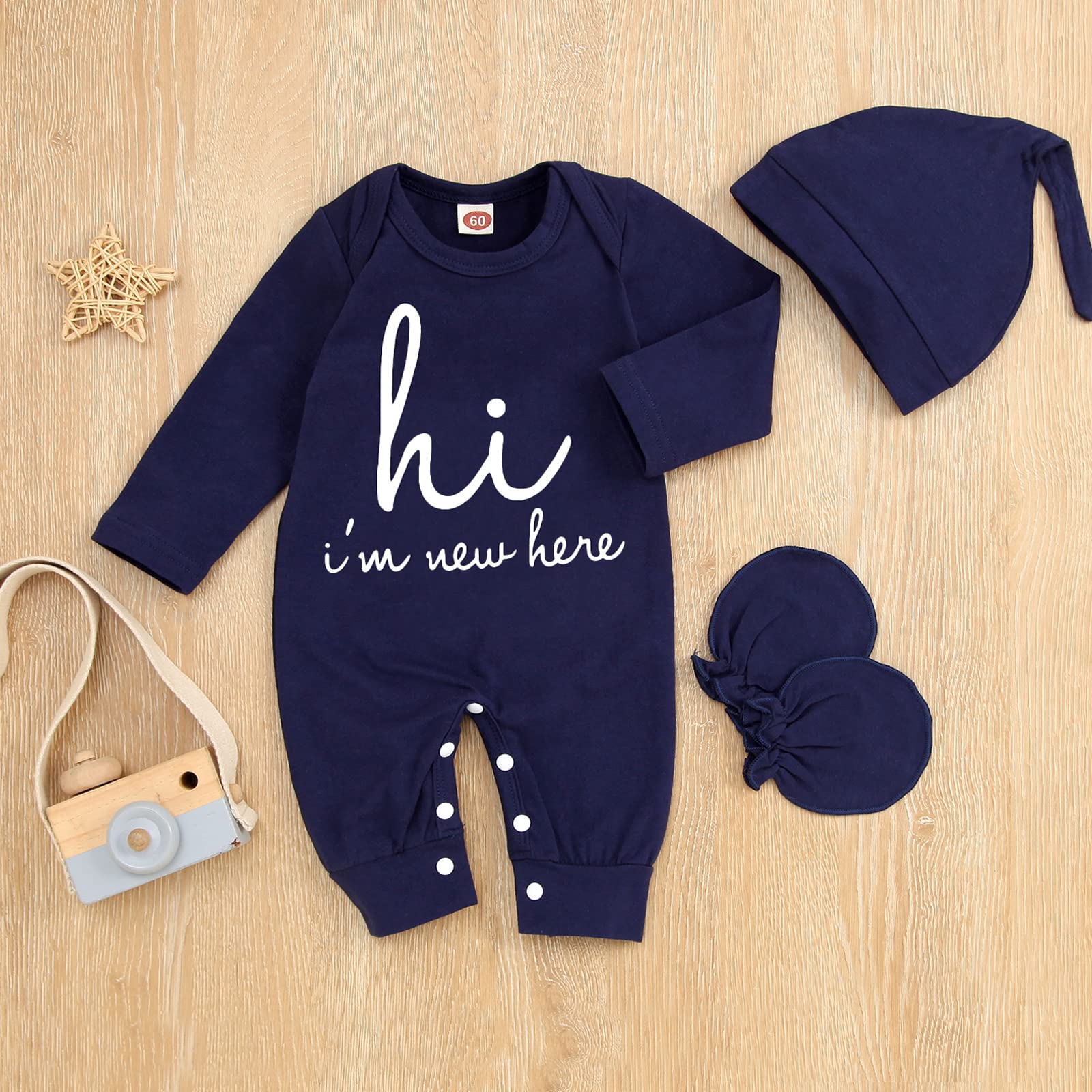 GRNSHTS Newborn Baby Boy Romper Coming Home Outfits Letter Print Bodysuit Jumpsuit+Hat+Gloves 3PCS Clothes Set (A-Navy Blue, Newborn)