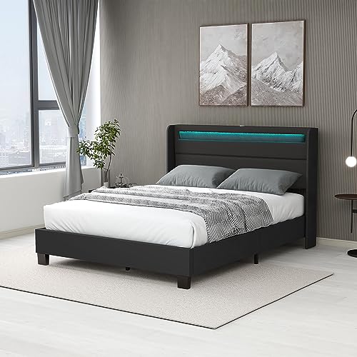 NNV Modern Queen Size Upholstered Platform Bed Frame with Linen Headboard, LED Bed Frame with Adjustable Color Selection,Strong Wood Slat Support Easy Assembly, Black