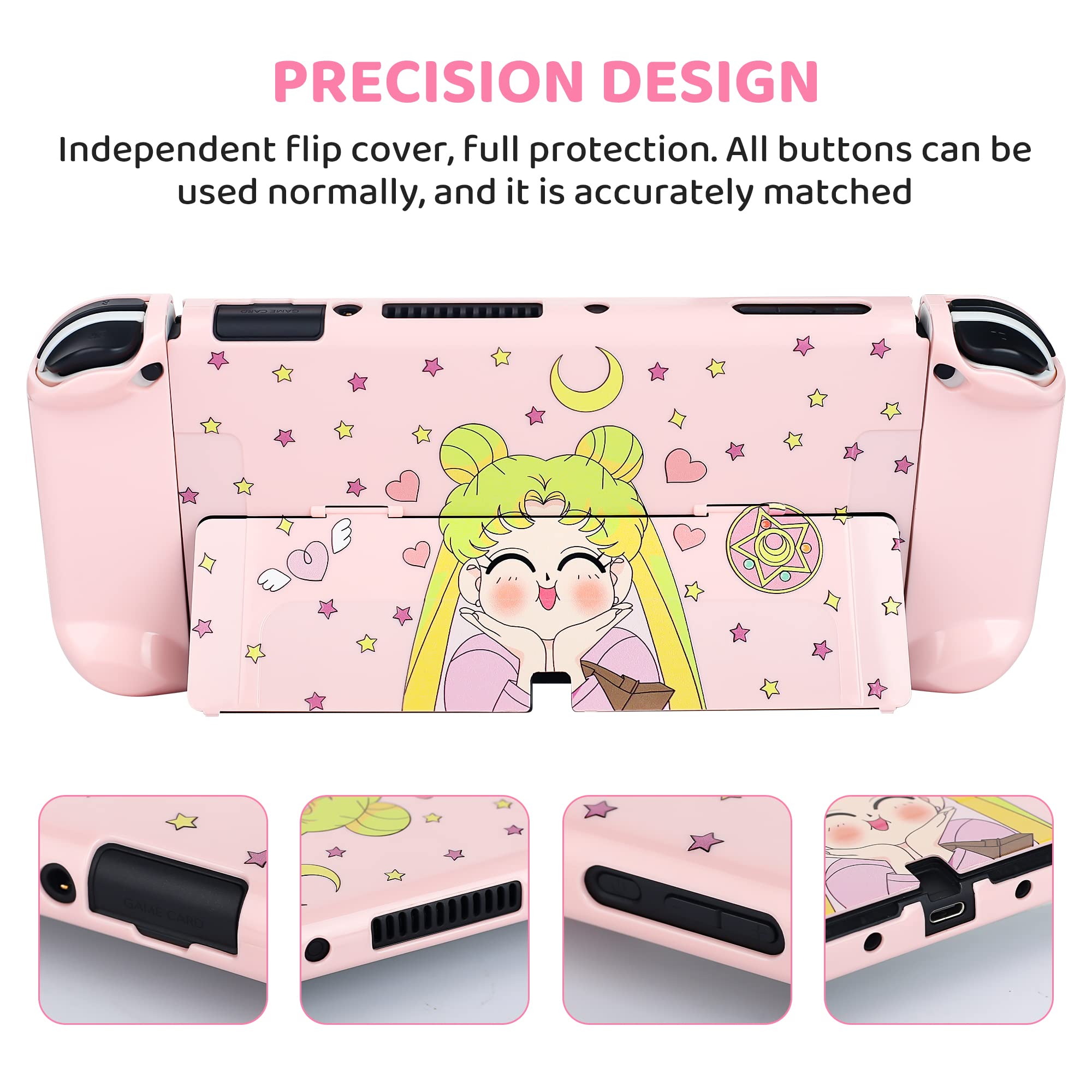 GLDRAM Anime Girl Protective Case for Nintendo Switch OLED, Cute Dockable Case Cover Compatible with Switch OLED Console and Joy Con, Hard PC Pink Skin Accessories with 4 Thumb Caps & Screen Protector