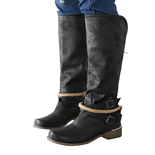 FASDNENDYS Socks Womens Mid Calf Womens Shoes Square Toe Belt Buckle Back Zipper Chunky Heel Wide Calf Womens Boots Black