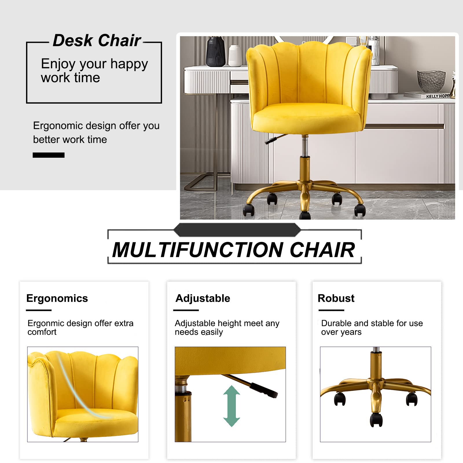 Goujxcy Home Office Desk Chair, Modern Ergonomic Swivel Chair, Adjustable Mid-Back Computer Desk Chair, Task Chair Tufted Accent Chair with Metal Base for Office Study,Beige White
