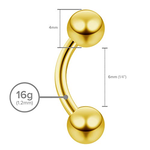 Evonix 2pc 16g Gold Anodized Surgical Steel Curved Barbell 4mm Ball Eyebrow Belly Bar Lip Tragus Ring Piercing Jewelry - 6mm