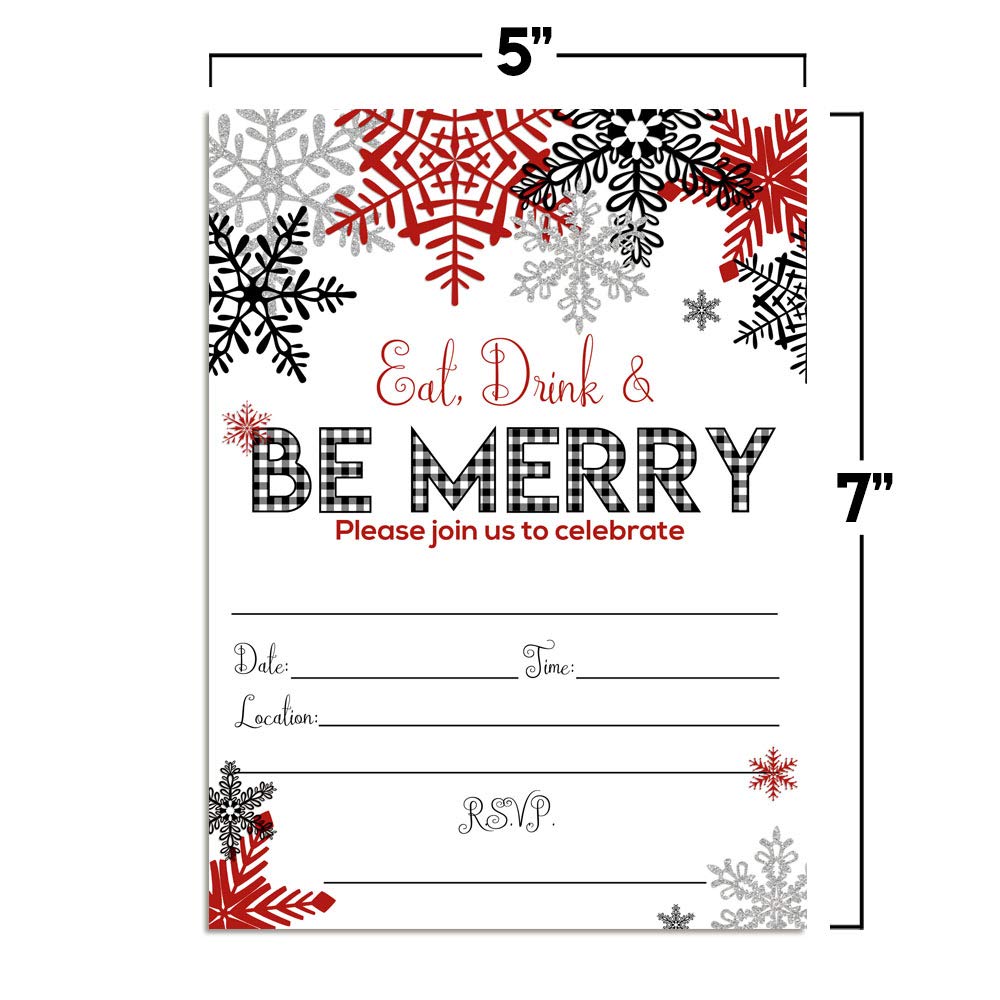 Eat Drink & Be Merry Snowflake Christmas Holiday Party Invitations, 20 5"x7" Fill In Cards with Twenty White Envelopes by AmandaCreation