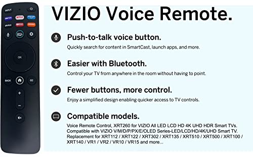 Voice Remote for Vizio Smart TV, XRT260 Remote Replacement for All Vizio LED LCD HD 4K UHD HDR Smart TVs with Shortcut Keys HBO Max, Netflix, Prime Video, Pluto, iHeart Radio, Crackle, Watchfree