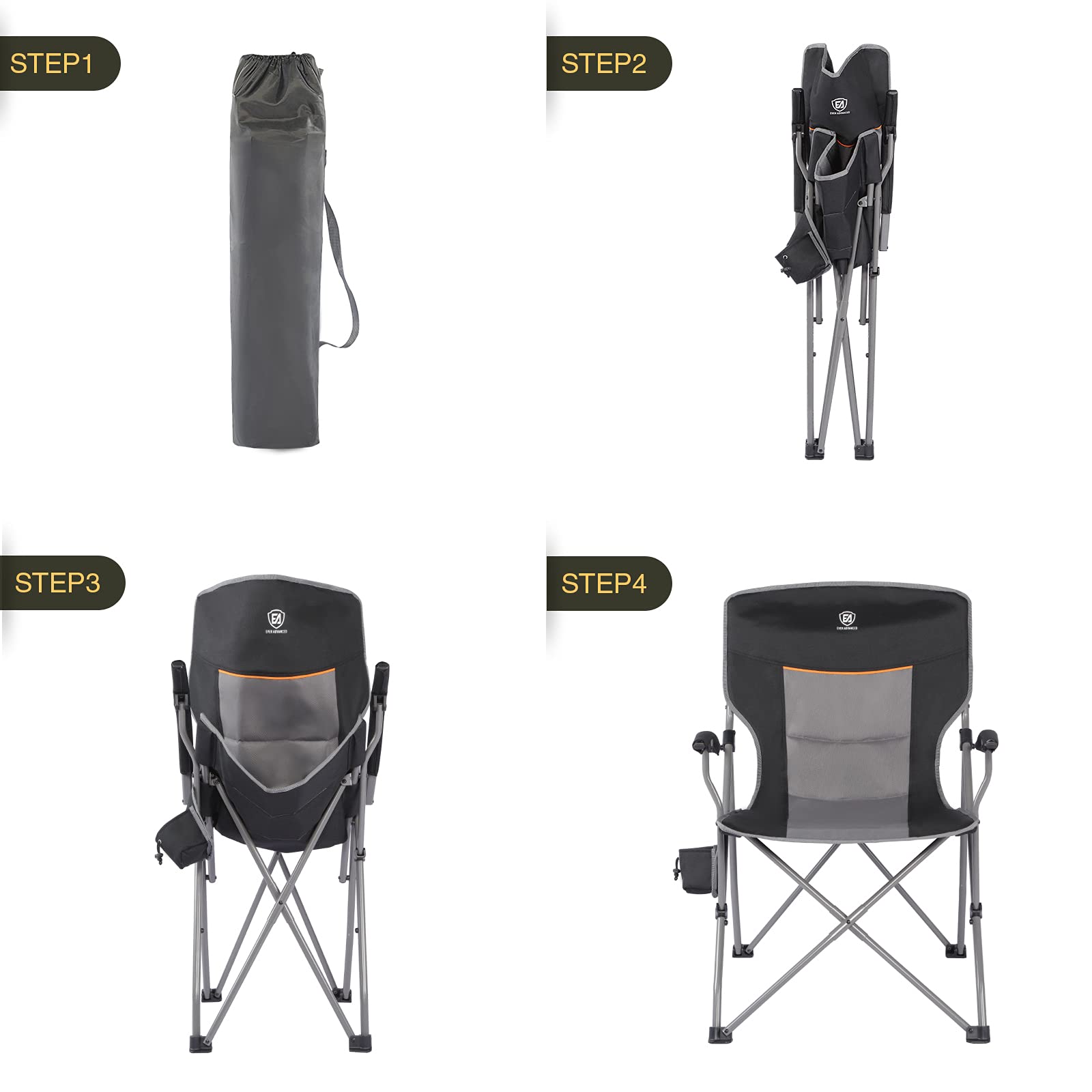 EVER ADVANCED Folding Camping Chair with Cup Holder Quad Padded Arm, Outside Portable Collapsible Steel Frame Oversized Heavy Duty Supports 300 lbs