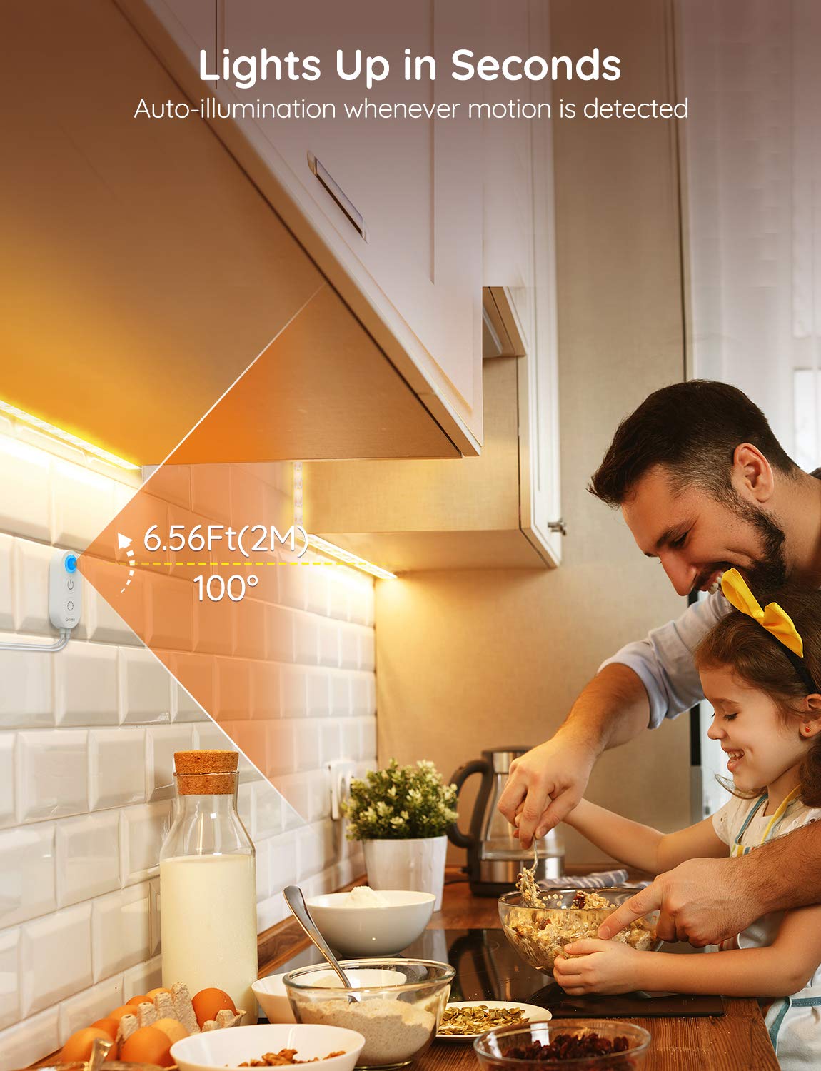 Govee Under Cabinet Lights, Motion Sensor LED Light Strip with Memory Function, 4pcs Adjustable Brightness and 3000K Warm White Closet Lights for Cabinet, Counter, Kitchen, Bedroom