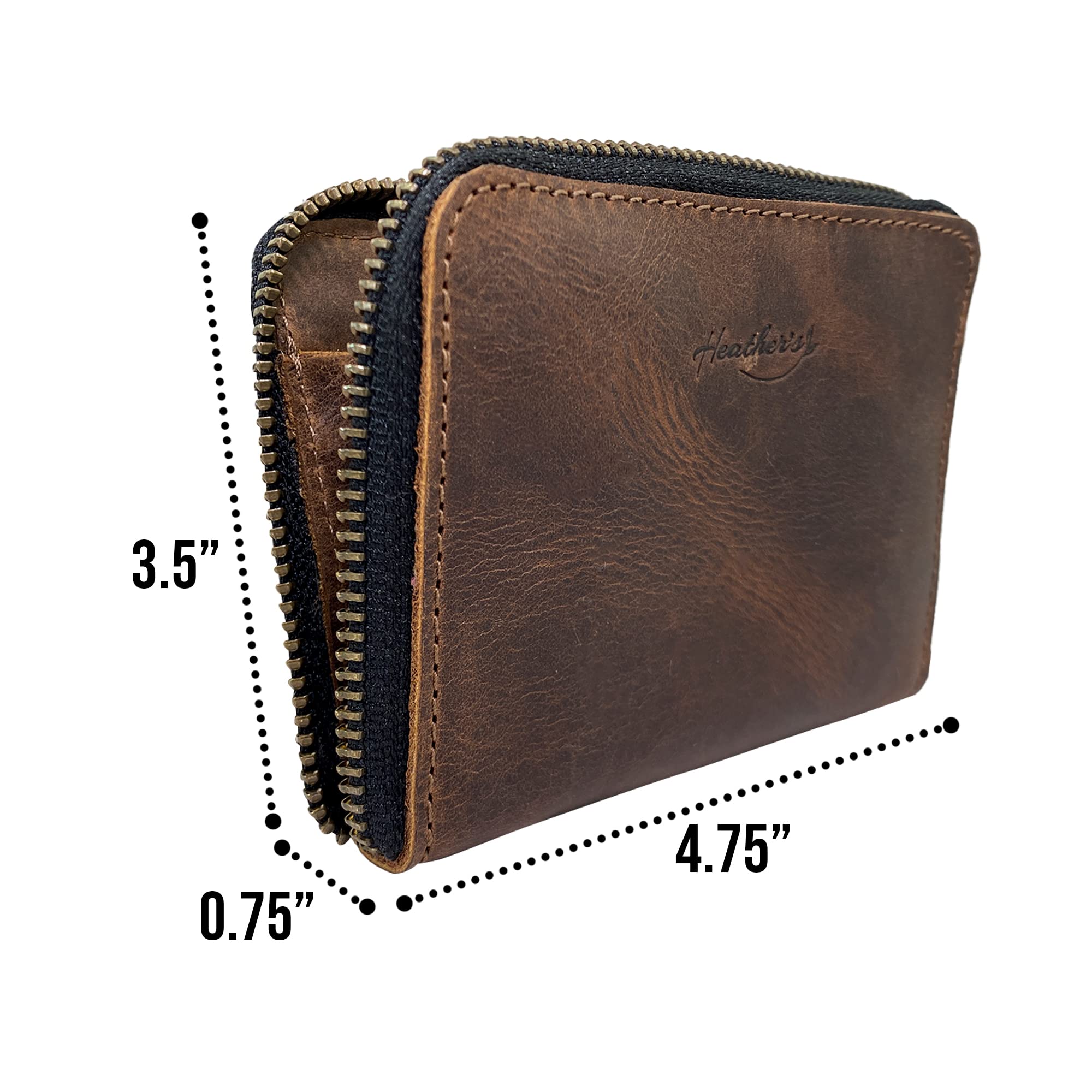 Heather's, Zippered Wallet Handmade from Full Grain Leather - Business Card & Money Holder, Compact Pocket Organizer, Everyday Accessories - Bourbon Brown