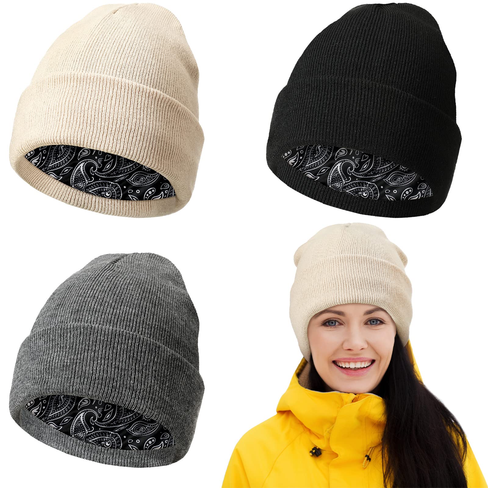 Eurzom 3 Pcs Winter Satin Lined Beanie Hat Warm Cuffed Plain Satin Hat Winter Knit Cap with Lining for Men Women Girls Boys (Dark Gray, Brown, Beige)