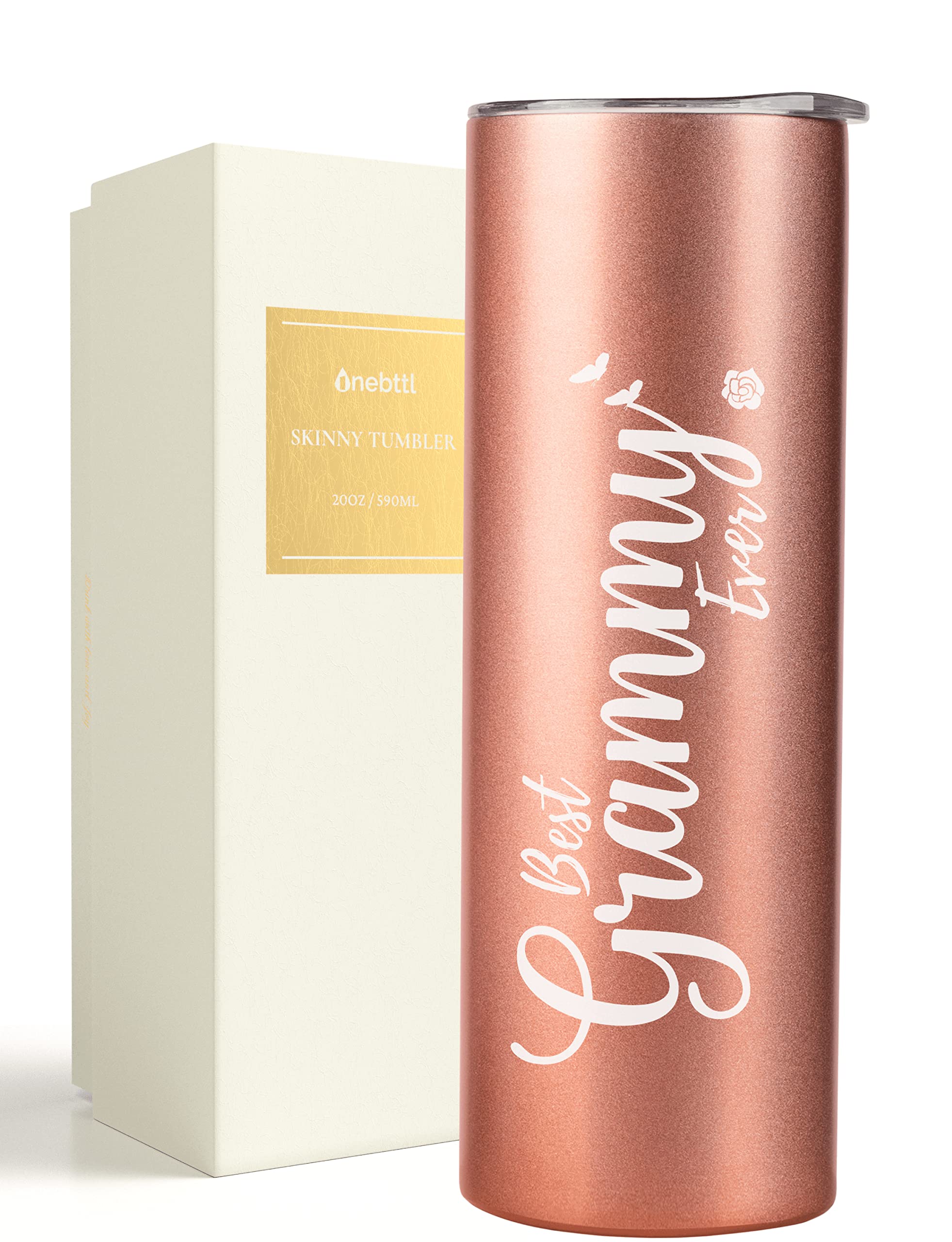 Grammy Gifts from Granddaughter, Grandson, Grandchild, Insulated Stainless Steel Wine Tumbler with Lid and Straw, for Grandma on Mother’s Day, Birthday, Christmas, Best Grammy Ever, Rose Gold, 20 oz