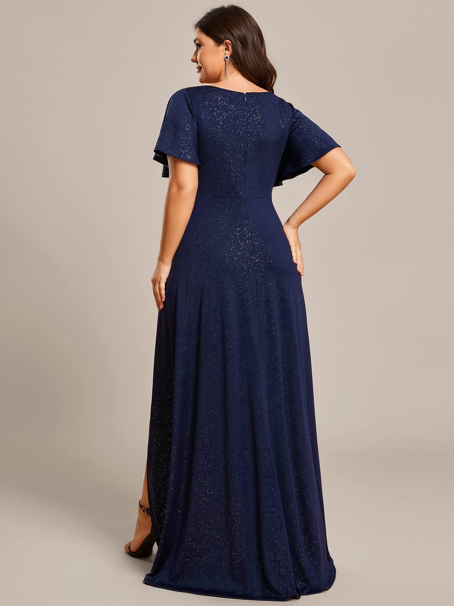 Ever-Pretty Plus Women's Plus Size Glitter A-Line Ruffle High-Low Summer Cocktail Dress with Sleeves Navy Blue US16