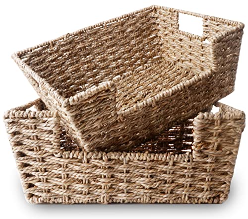 Seagrass Wicker Storage Baskets with Handles 13.8” x 11” x 5.5”, 2-Pack, Large Storage Baskets for Shelf Organizing, Rectangular Pantry Organizer Basket Bins, Chi An Home Woven Baskets for Storage…