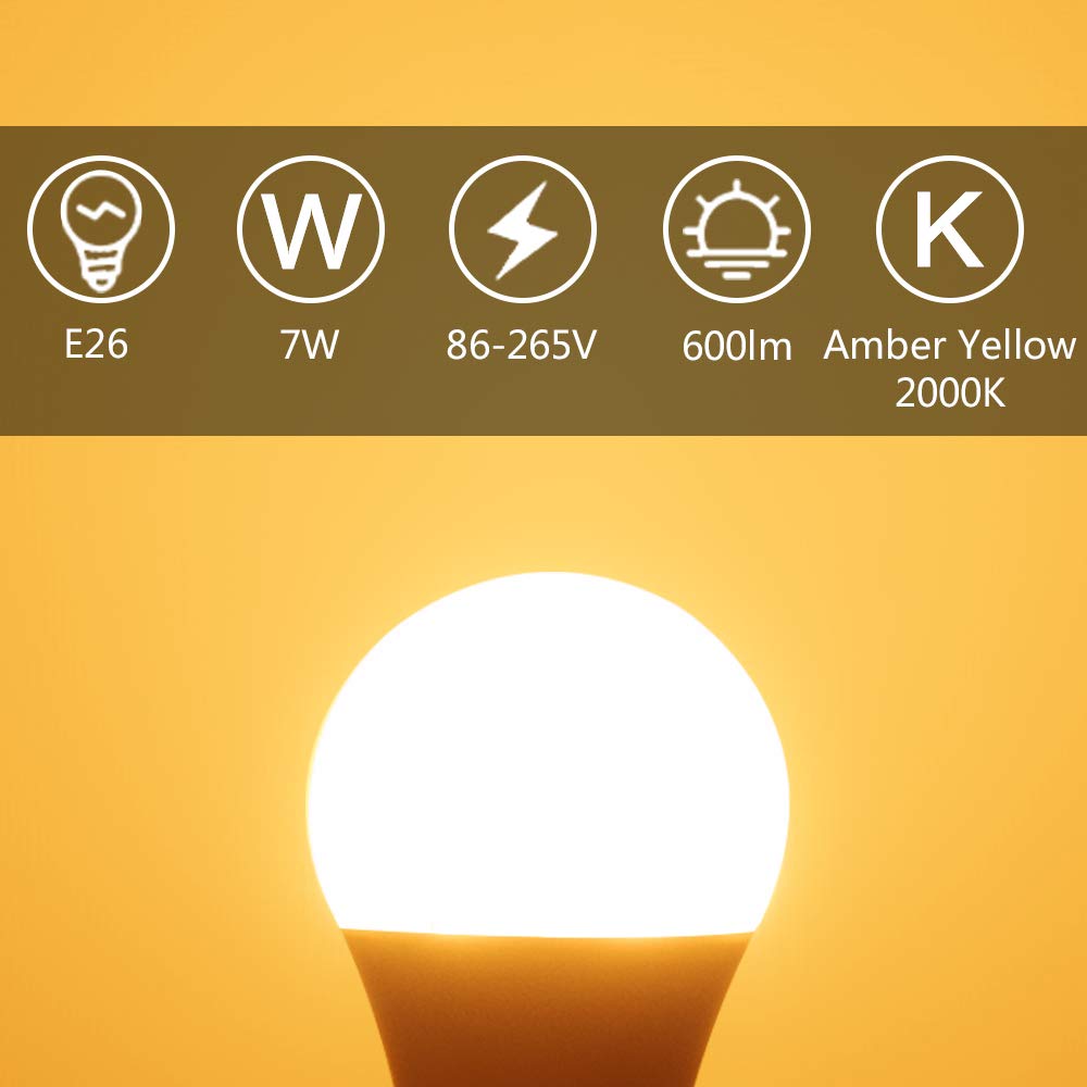 FAGUANGAO Dusk to Dawn Sensor Bug Light Bulb, A19 Yellow LED Bulb, 7W Equivalent 60W Auto On/Off Amber Light Bulb for Outdoor Backyard, Porch, Patio, Garage, 2000k, E26 Base, 4 Pack