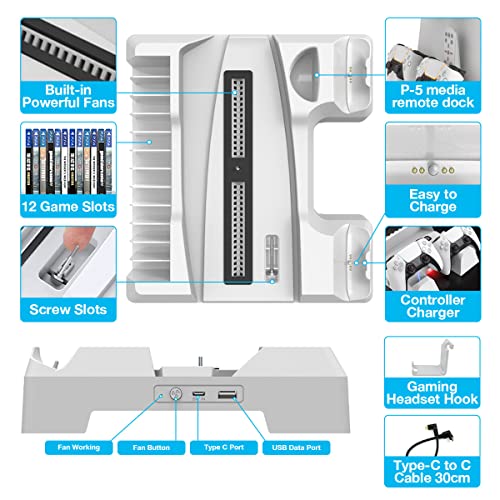 Geliebt Lynn PS5 Accessories - PS5 Stand with Cooling Fan and Dual Controller Charger Station, PS5 Headset Holder, 12 Game Slots, PS5 Disc & Digital Editions, White