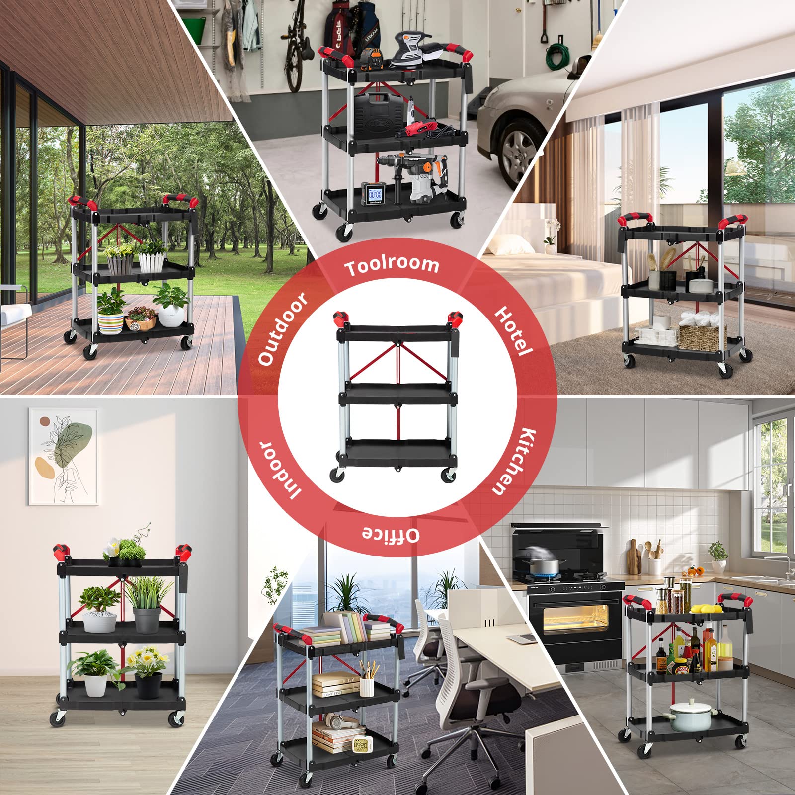 Garvee Mobile Folding Trolley, Portable Service Cart, 3 Tier Utility Cart, Collapsible Utility Carts for Office, Warehouse, and Home, 56 Lbs Load Capacity per Shelf