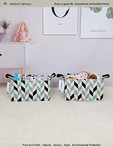 ONOEV 2 Pack Rectangular Fabric storage box,decorative basket and finishing basket with handle are used for the storage of clothes,books and sundries(2 Pack Green geometry)