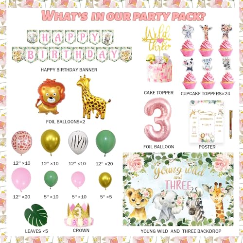 Fiesec Young Wild and Three Decorations Girl, Jungle Safari Animal Theme 3rd Party Decorations Backdrop Balloons Banner Cake Cupcake Topper Poster Crown Lion Cheetah Giraffe Pink 119 PCs
