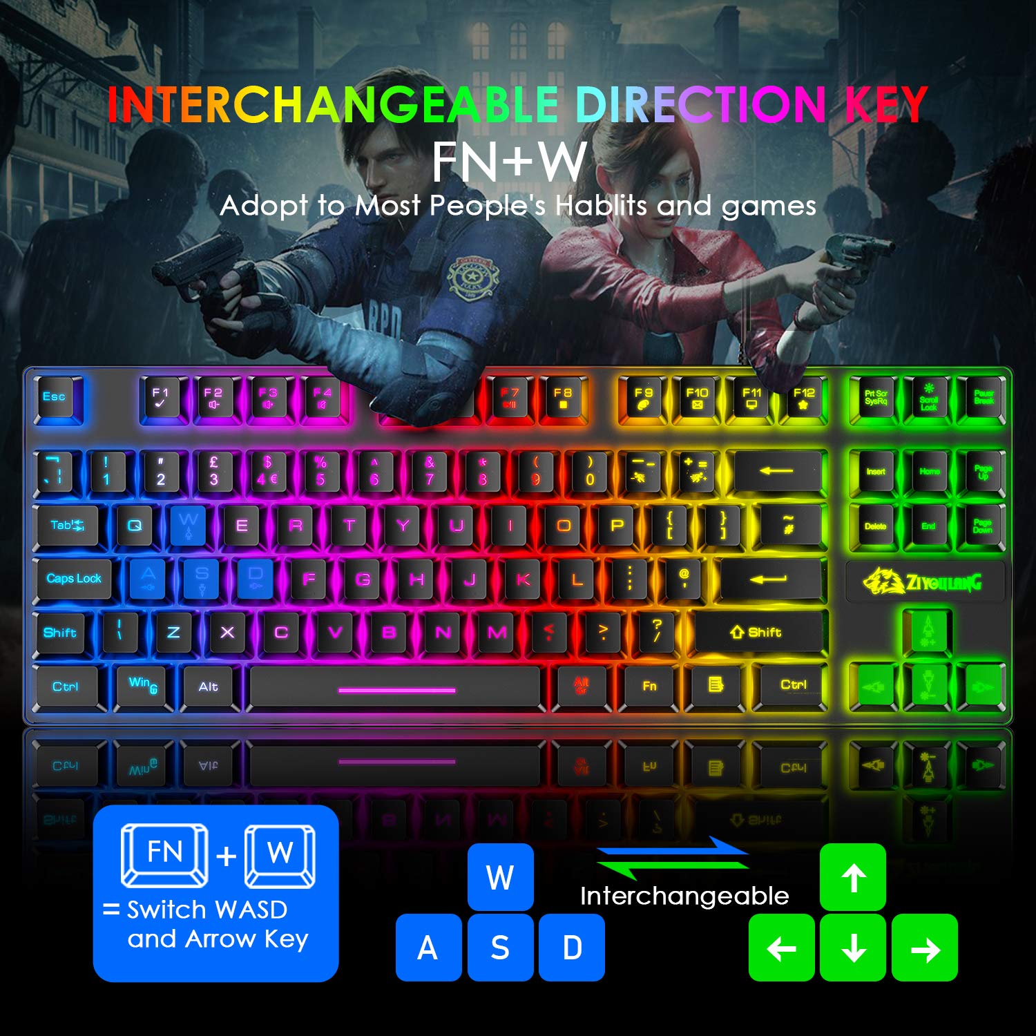 Gaming Keyboard and Mouse Combo,88 Keys Compact Rainbow Backlit Mechanical Feel Keyboard,ps4 Converter Adapter,RGB Backlit 6400 DPI Lightweight Gaming Mouse with Honeycomb Shell for Windows PC Gamers