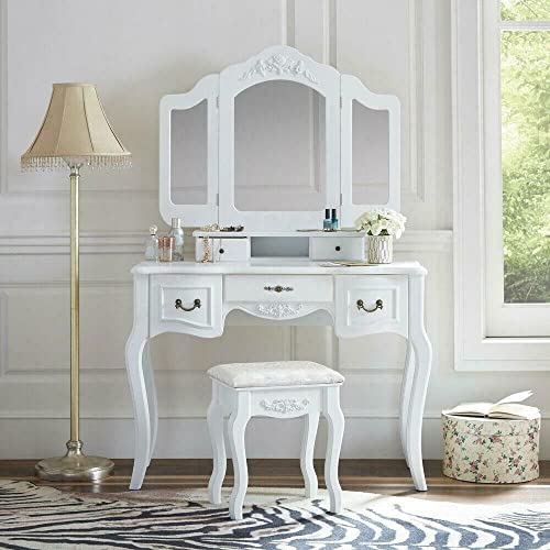 WINVOX Vanity Set, White Tri-Folding Mirror Vanity Set 5 Drawers Dressing Table Makeup Desk Stool ZLYCFCDUS