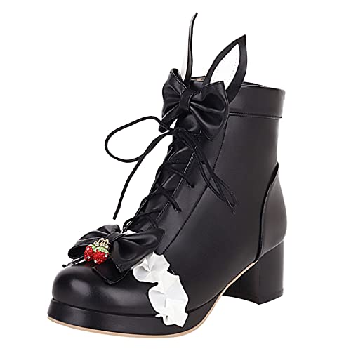 FASDNENDYS Womens Backless Boots Womens Shoes Fashion Solid Color Round Toe Middle Heel Lace Boots for Women Booties Black