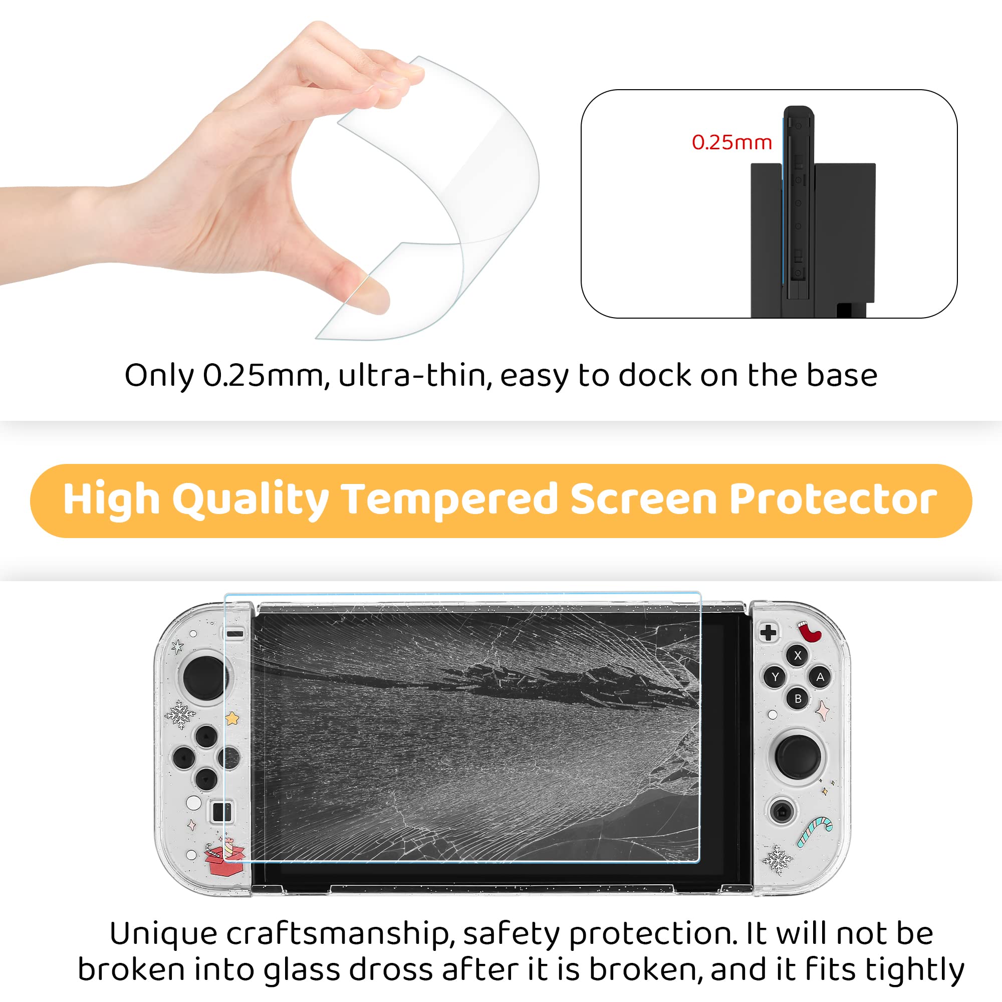 Glitter Case Compatible with Nintendo Switch OLED, FANPL Cute PC Protective Cover for Switch OLED, Kawaii Skin with Thumb Cap & Screen Protector, Accessories for Girl - Christmas Bear & Rabbit Pattern