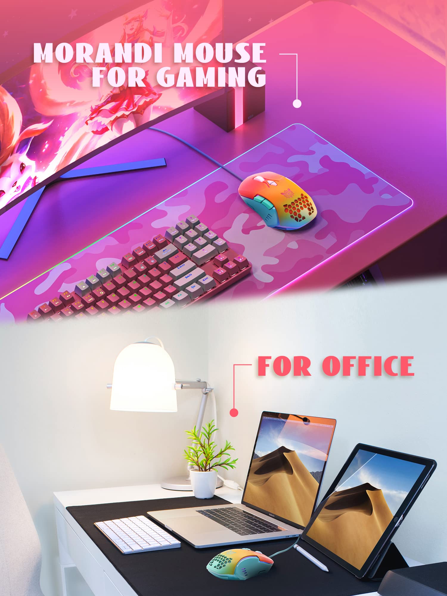 Gaming Mouse Wired, Morandi Gradient RGB LED Wired Gaming Mouse, Ergonomic Plug Play PC Gaming Mice with Honeycomb Shell, 6 Adjustable DPI Up to 6400, USB Pink Mouse for Office/Windows/Mac (MRD CW902)