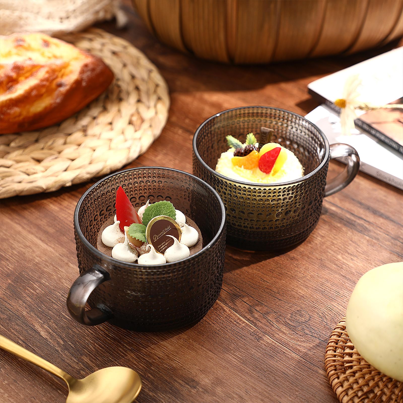 Eccliy 6 Pcs Vintage Coffee Mugs 14 oz Glass Stackable Tea Cups Embossed Glass Cups Coffee Cup Vintage Glassware with Handle for Cappuccino Latte Cereal Yogurt Beverage Dessert Water (Black)