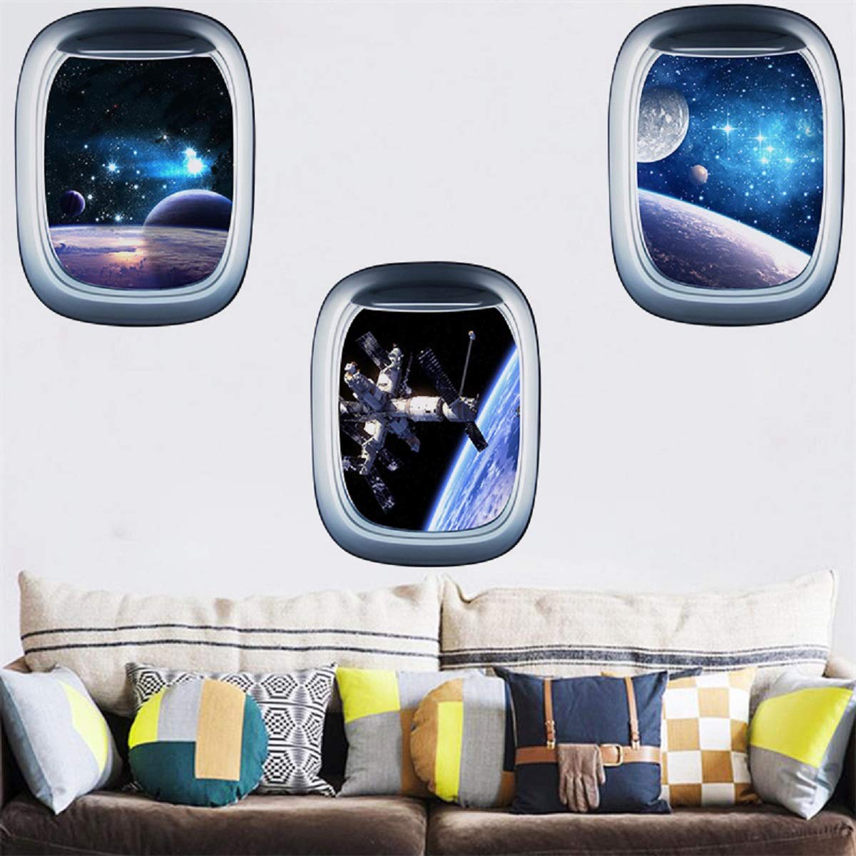HERRA 3D Planet Universe Galaxy Outer Space Wall Decal Spacecraft Astronaut Wall Stickers, Peel and Stick Removable Space Capsule Window Wall Stickers Wall Mural for Bedroom Living Room Kids Room